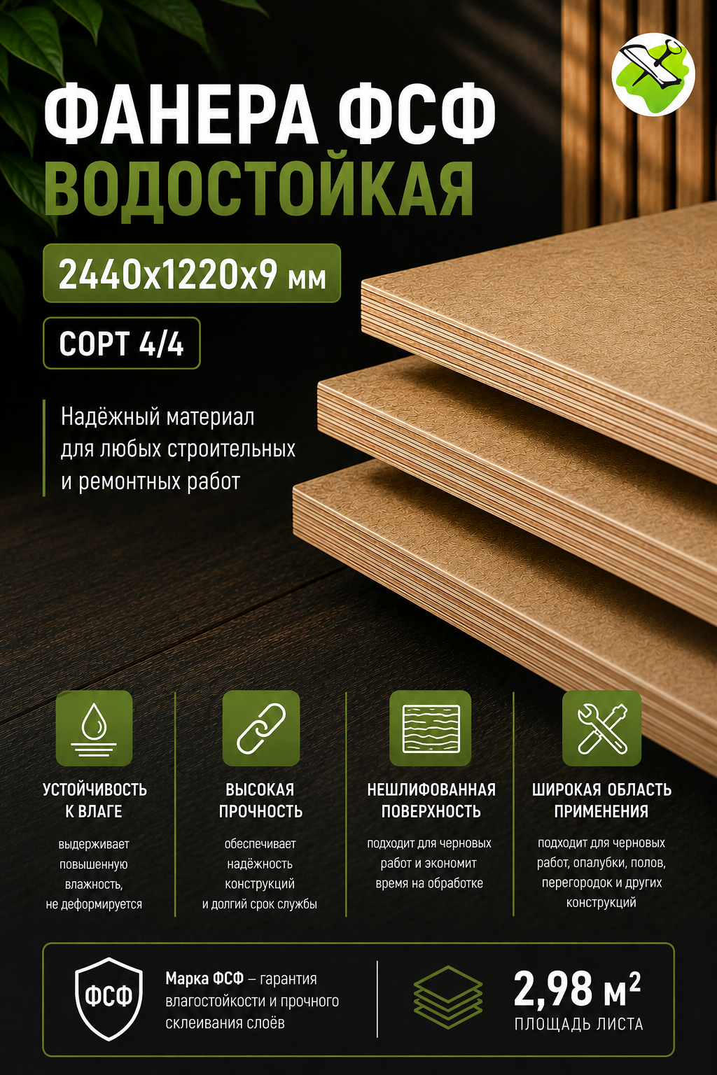 Фанера ФСФ водостойкая 2440х1220х9мм (2,98м2) сорт 4/4 нешлифованная