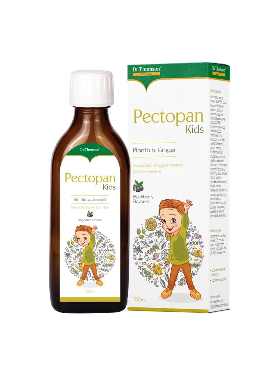 Dr. Thomson Pectopan Kids / Доктор Томсон Пектопан для детей со вкусом ежевики жидкость во флаконах по 150 мл 1 шт (с мерной ложкой 5 мл)