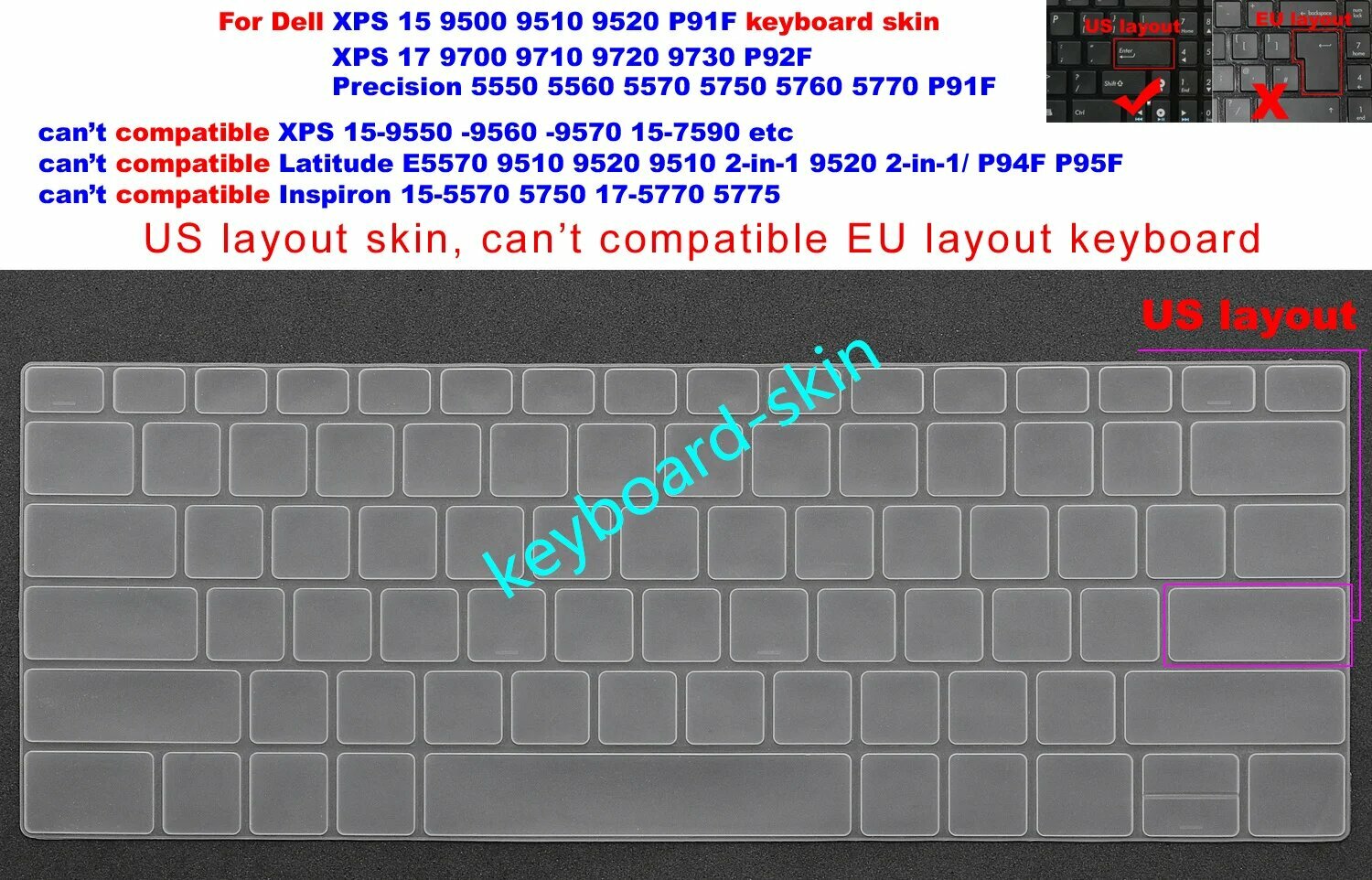 Чехол для клавиатуры США для Dell XPS 15 9500 9510 9520, XPS17 9700 9710 9720 9730 P92F, Precision5550 5560 5570 5750 5760 5770 P91F