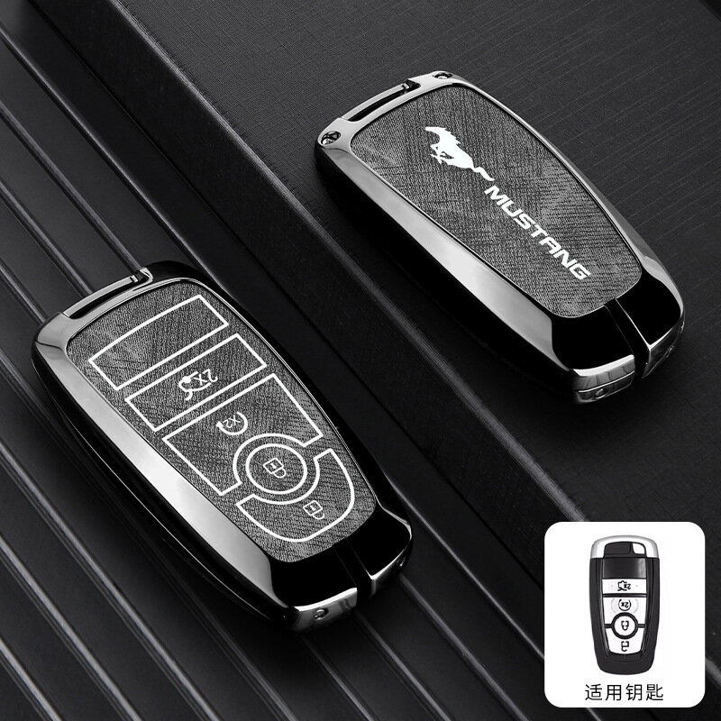 Ford Mustang 4-Клавишный Деним-Узор Кожаный Чехол для Брелока с Серой Оболочкой - Одиночный Дизайн