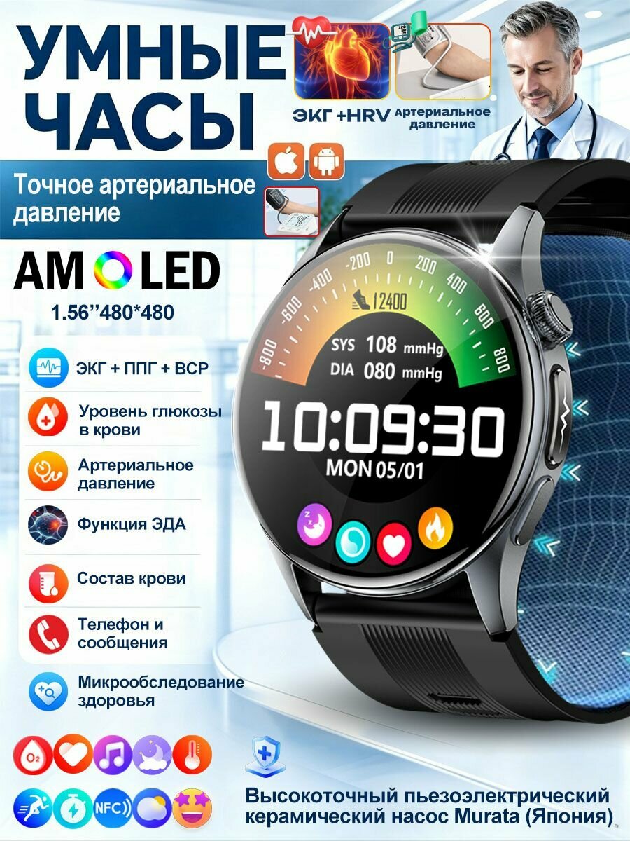 Cмарт часы мужские с экг и измерением давления и экг, Медицинский чип Ti4950,4PD-оксиметр, Температура тела, экспресс-обследование, EDA, с Android и iOS