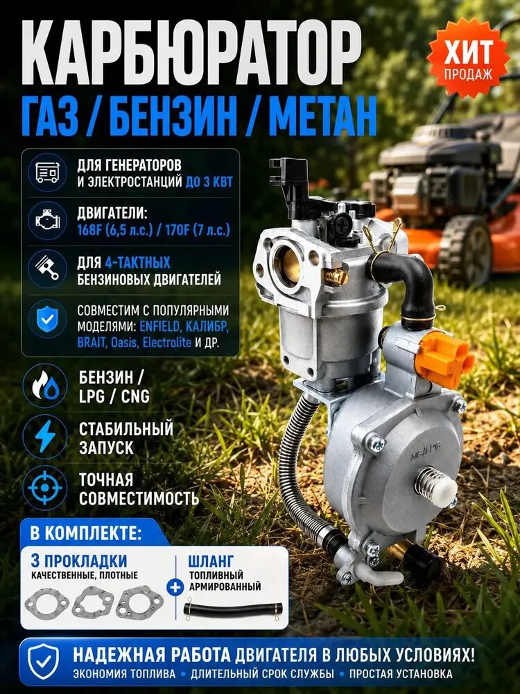 Карбюратор для генератора 168F/170F, 3 кВт, 6.5-7 л. с, много топливо: бензин, дизель, метан, природный газ