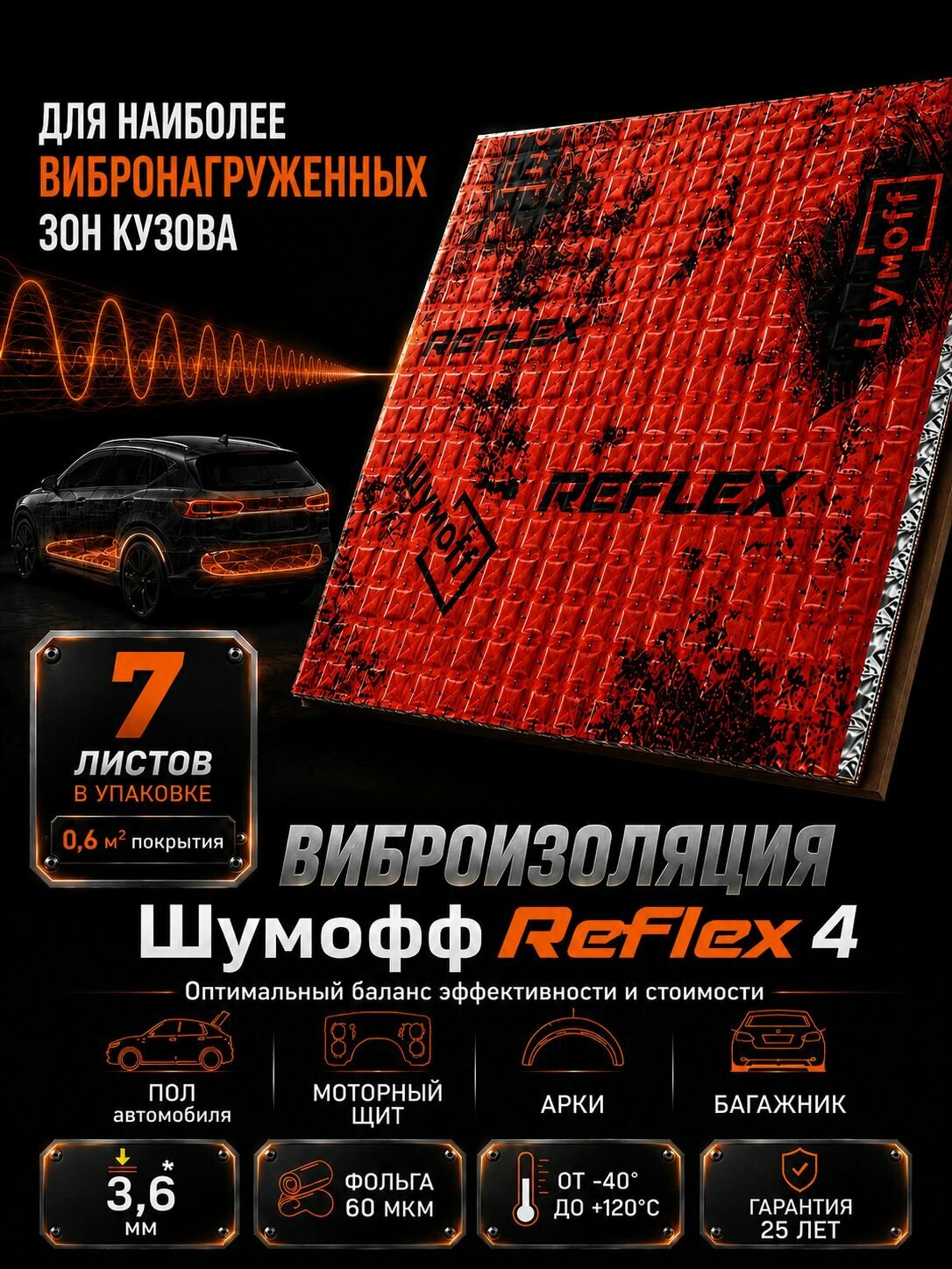 Виброизоляция для автомобиля Шумофф Reflex 4 (7 листов 3,6мм) 37,5х23см шумоизоляция для авто самоклеющаяся, для пола арок багажника