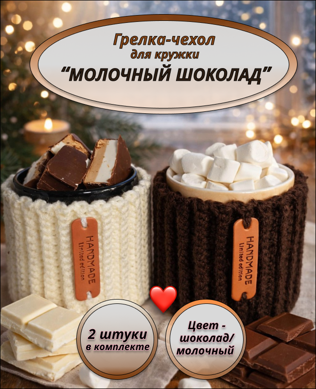 Грелка-чехол для кружки/вязаный свитер для чашки молочный шоколад, 2шт./комплект