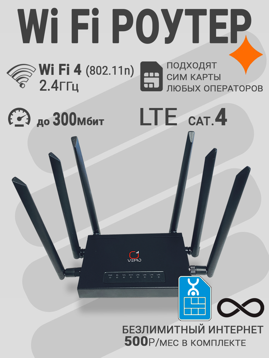 Wi Fi роутер Vemo B720 + сим карта с безлимитным интернетом за 500