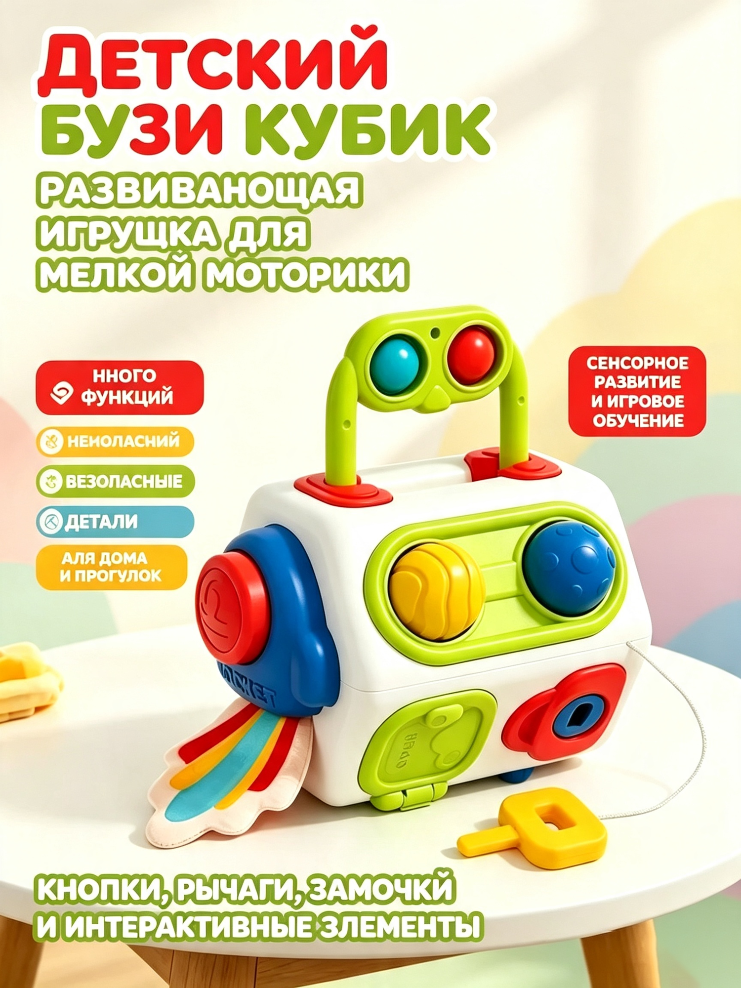 Детский busy-кубик, развивающая игрушка для моторики, много функций, безопасные детали, для дома и прогулок