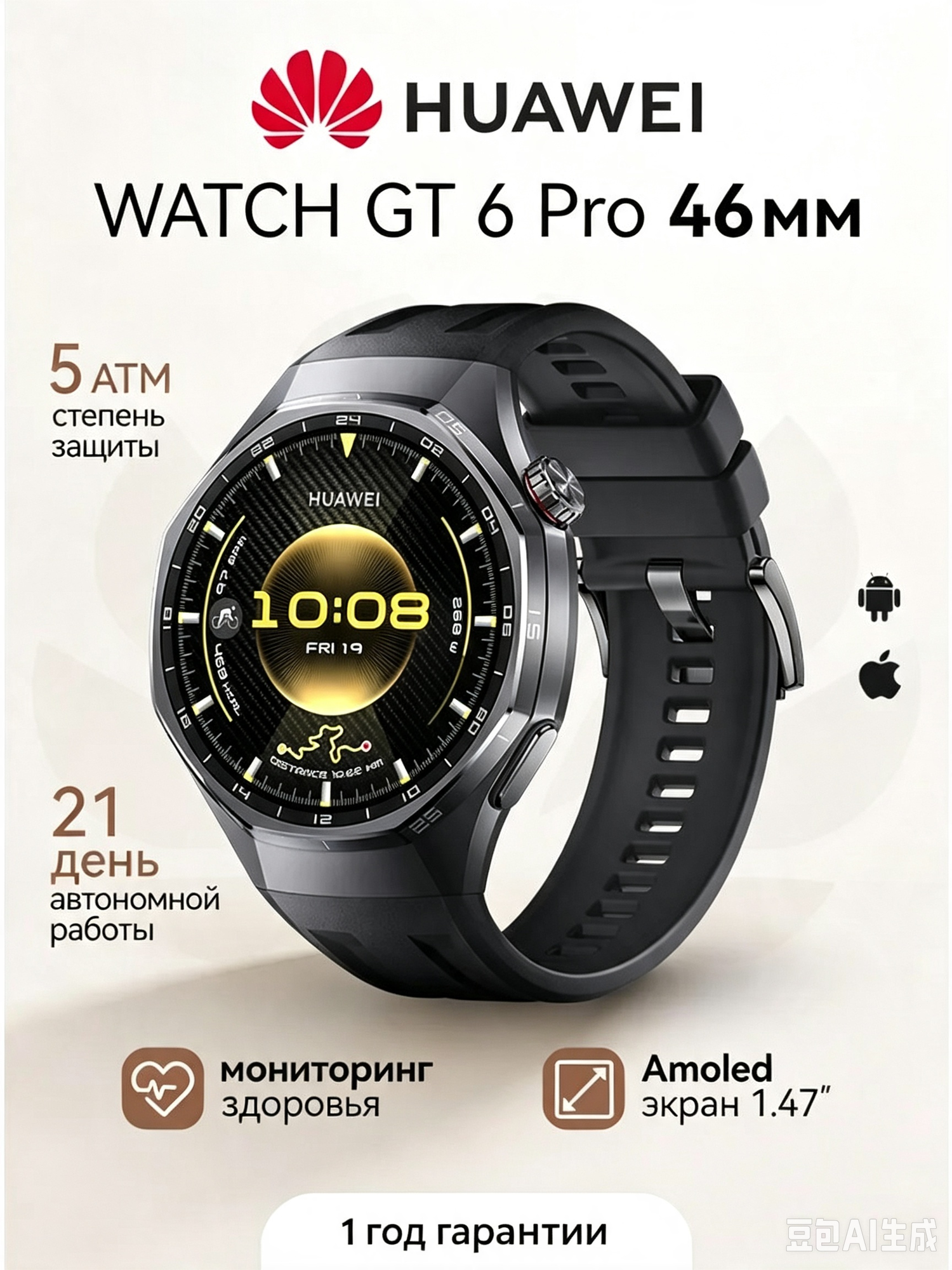 Смарт-часы HUAWEI Watch GT 6 Pro 46 мм, Global, черный ремешок из фторэластомера