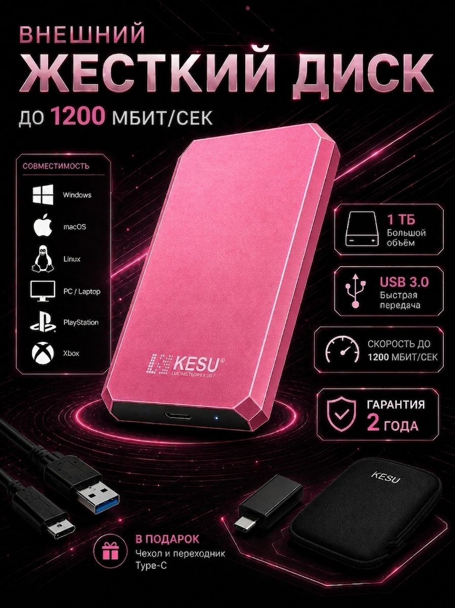 KESU 1 ТБ Внешний жесткий диск K208, Металл, светло-розовый