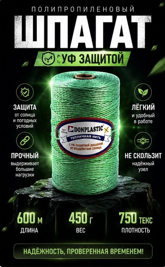 Шпагат полипропиленовый с УФ-защитой 450гр/600м для подвязки. Веревка цвет зеленый