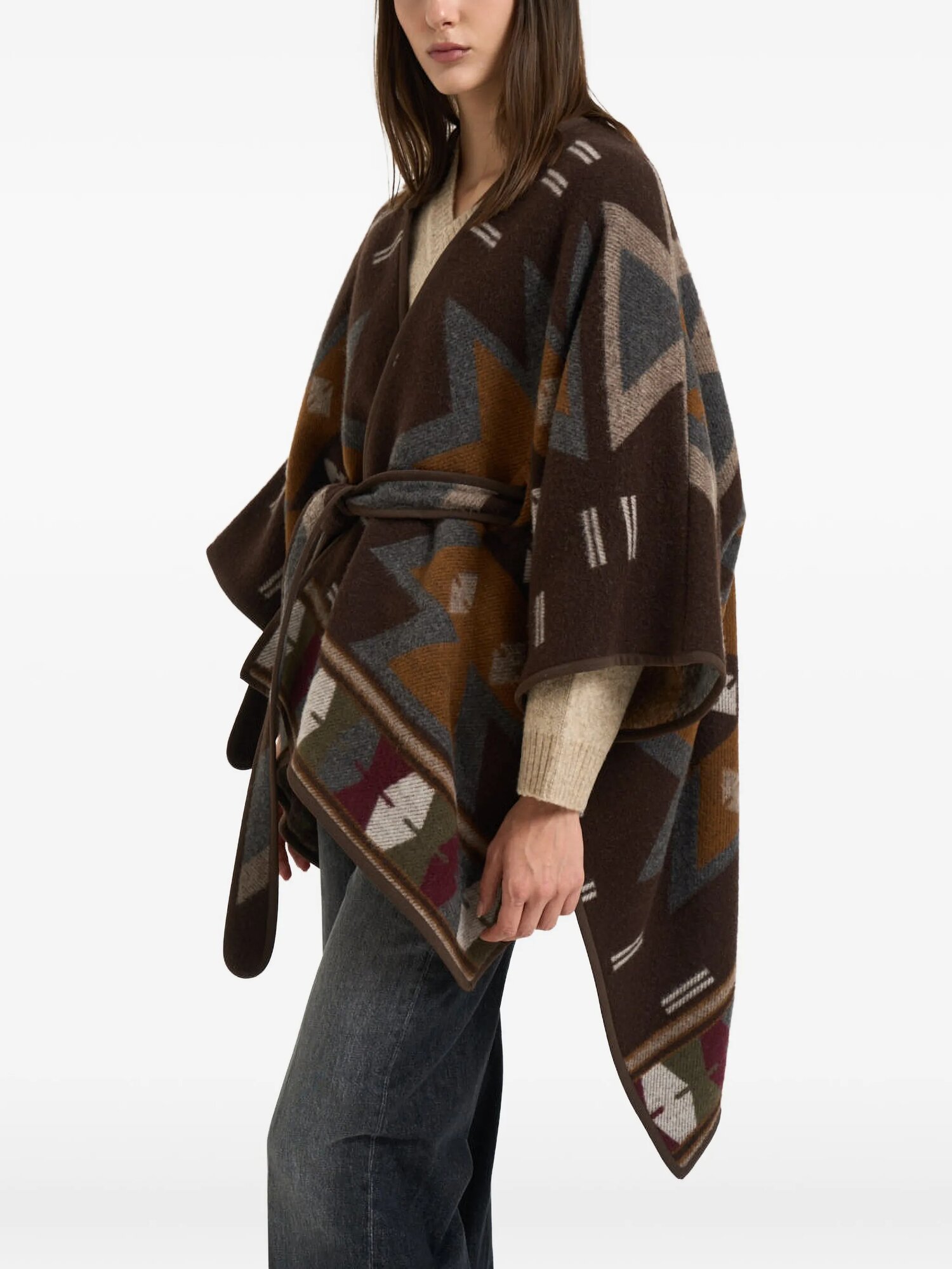 Накидка Bazar Deluxe Geometric-pattern belted cape, размер 38, коричневый — фото 1