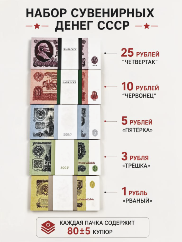 Набор сувенирных пачек денег СССР (80+-5 купюр)