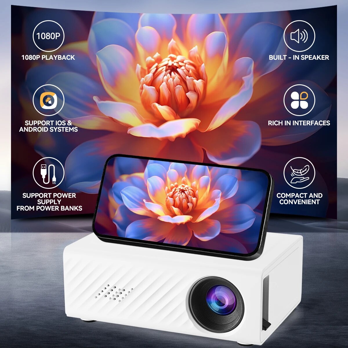 KPVXARS Мини-проектор LED HD Белый, White