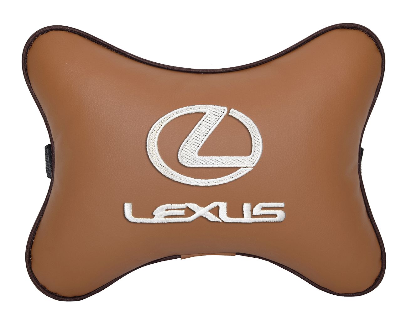 Подушка на подголовник автомобильная рыжая экокожа (белая) LEXUS