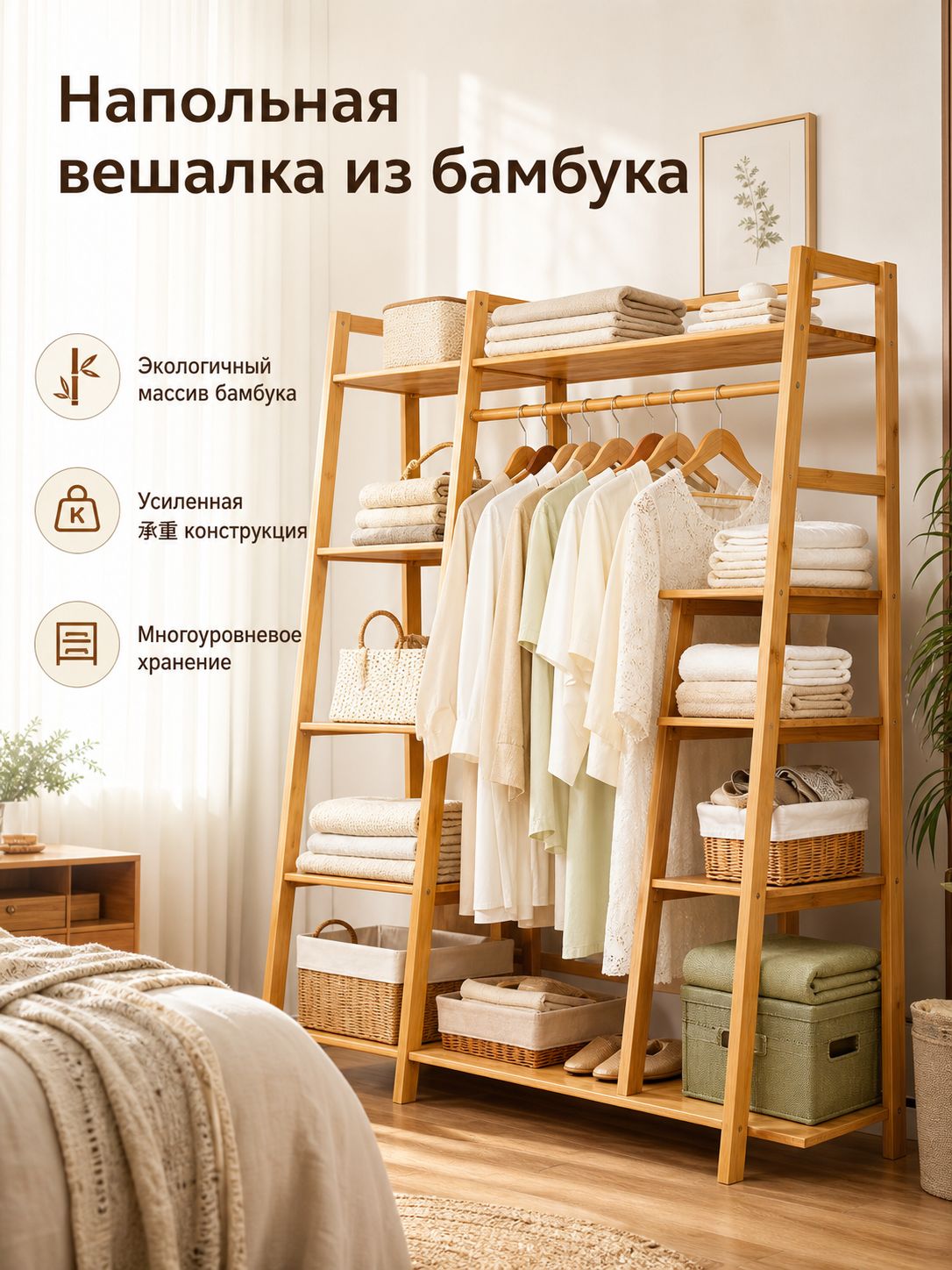 Напольная вешалка с полками из бамбука, классическая модель, длина 110 см, цвет натуральный