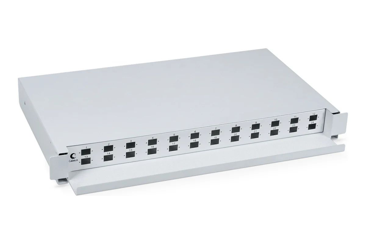 Кросс бокс оптический Cabeus, 19", на 24 SC (LC duplex), со сплайс-кассетой, выдвижной, серый (ODF-19-24-SC)