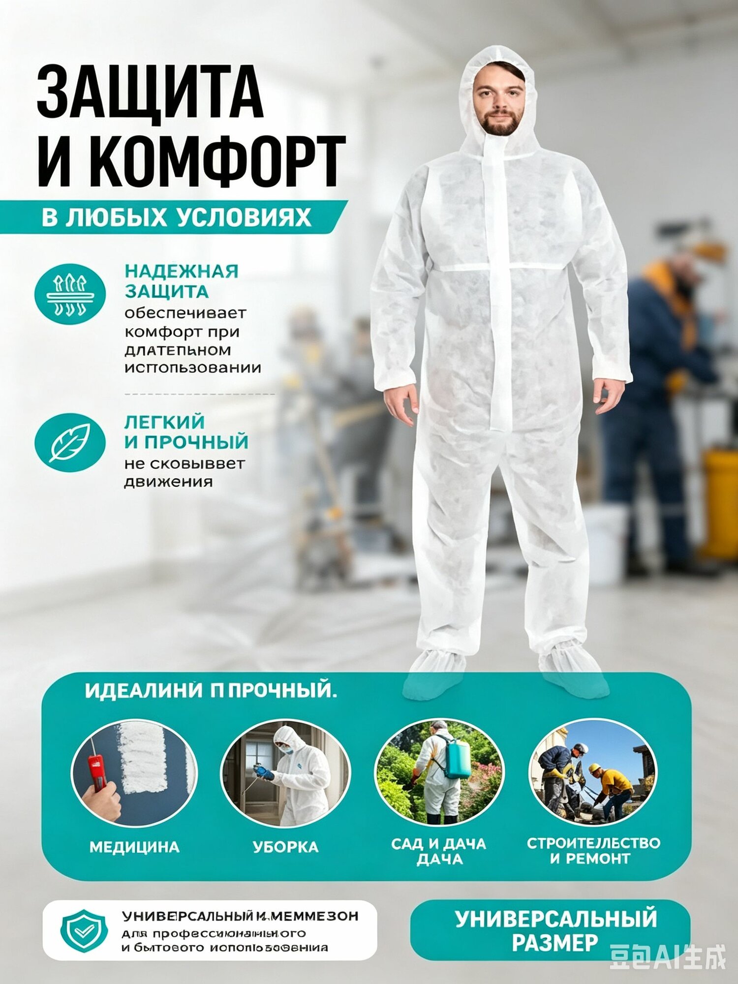 Комбинезон каспер, 30г/м2, р-р.2XL, одноразовый, спанбонд (белый)