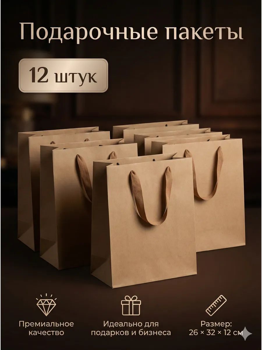 Плотные крафт пакеты с ручками-лентами, 26х32х12 см. 12 штук