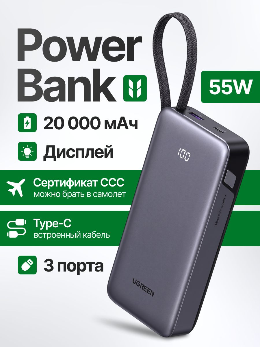 Внешний аккумулятор UGREEN PB537 20000 mAh со встроенным кабелем Type-C, повербанк с быстрой зарядкой 55W PD, 3 порта, дисплей, для iPhone, Samsung, Xiaomi, ноутбука