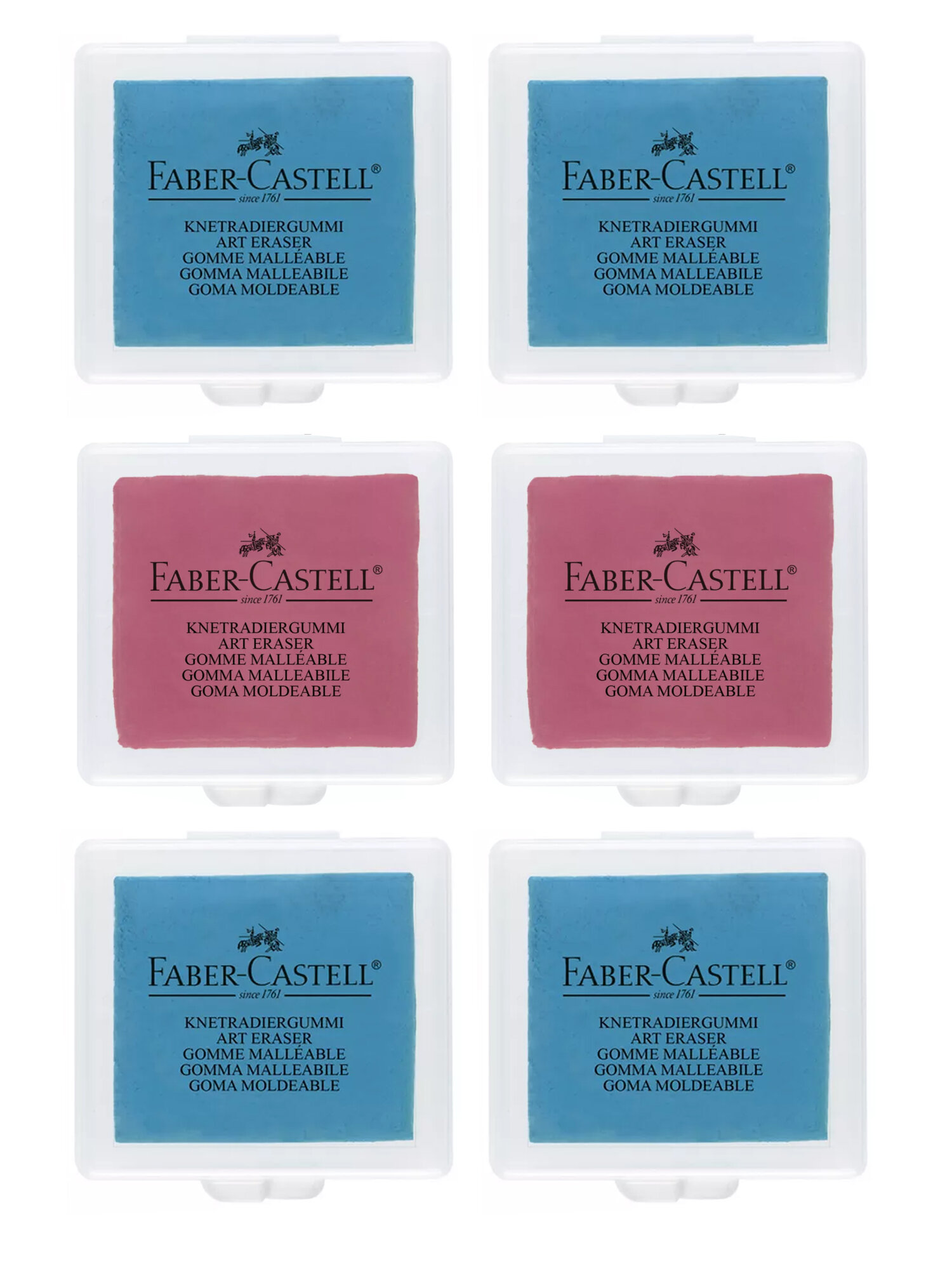 Faber-Castell Ластик-клячка 4 х 3,5 х 1 см, 6 шт (4 голубых и 2 розовых)