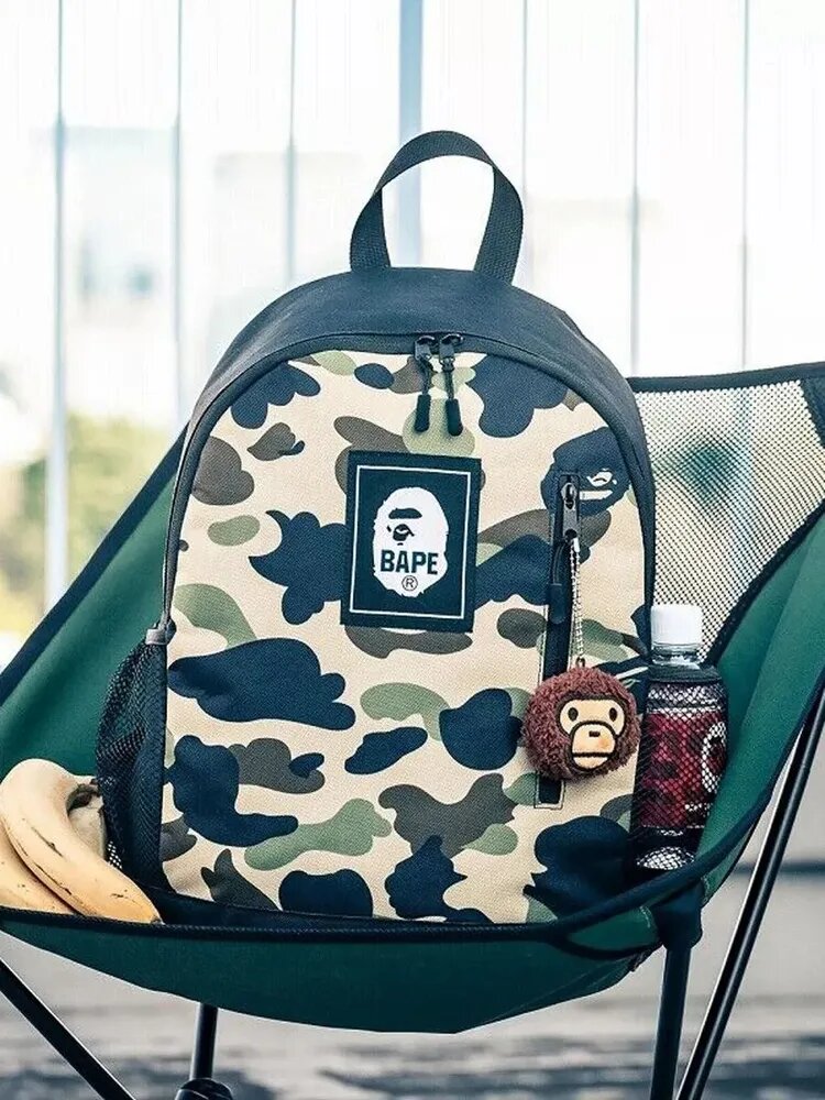 Рюкзак BAPE APE SHARK школьный, дорожный, городской, средний, из оксфорда, черно-зеленый — фото 1