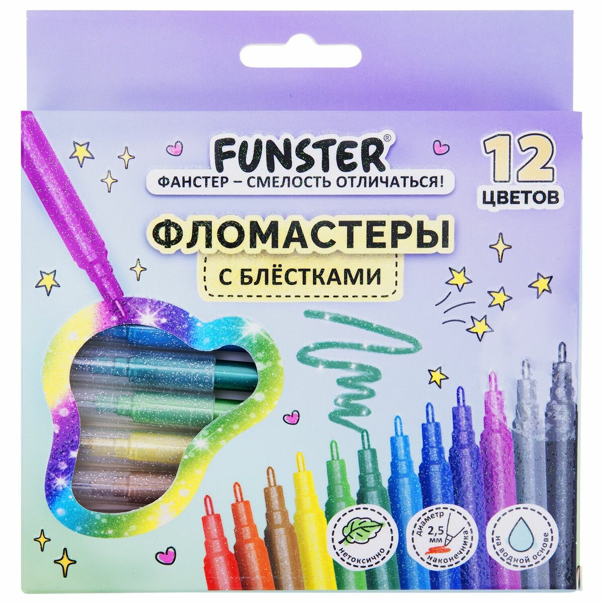 Набор фломастеров 12 цветов Funster Glitter (линия 3мм, с блестками) (152629), 24 уп.