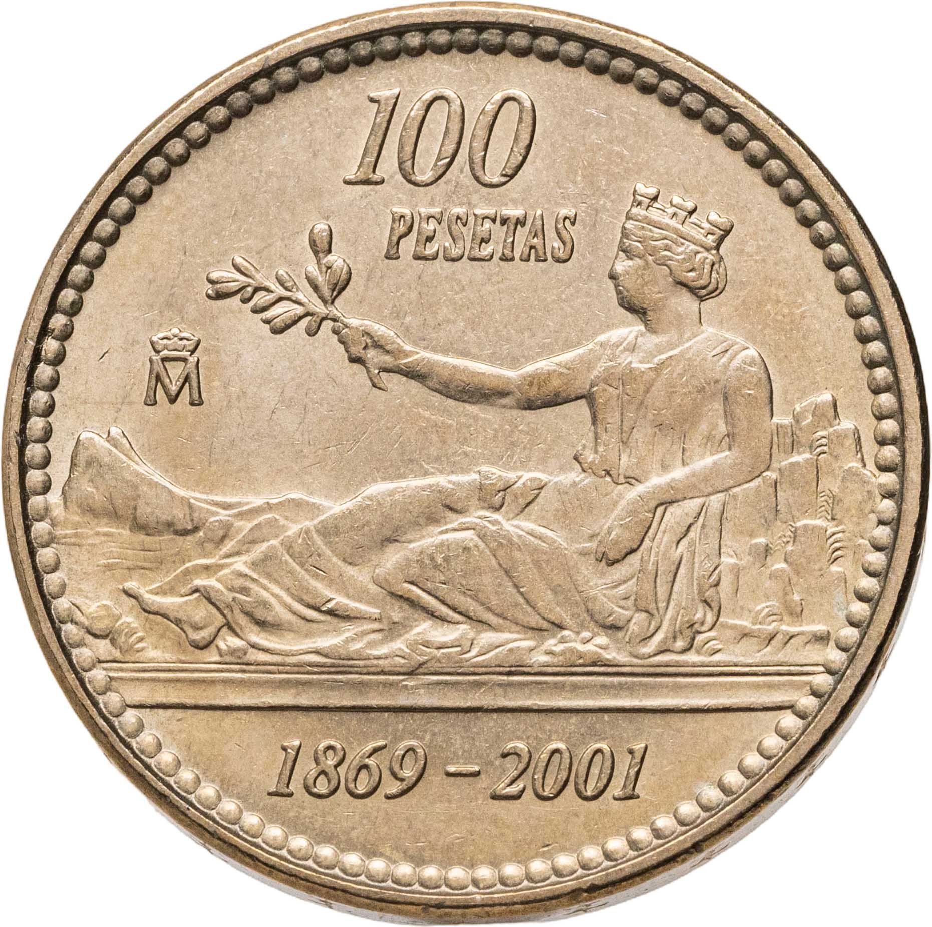 Испания 100 песет pesetas 2001 "132 года песете - последний выпуск перед введением евро", Бронза, в сохранности AU-UNC
