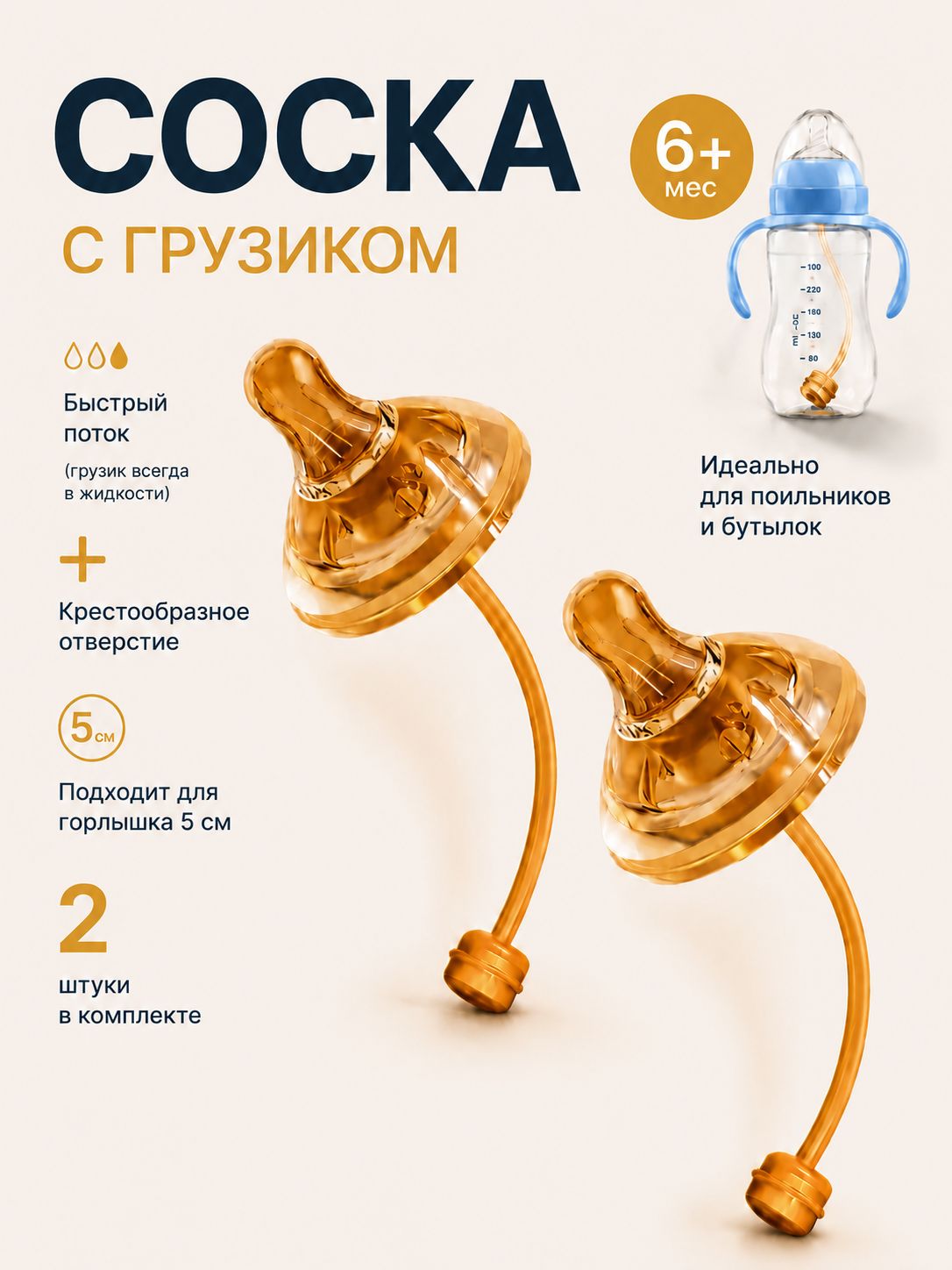 Сменная соска к поильнику и детской бутылочке с грузиком 2 шт
