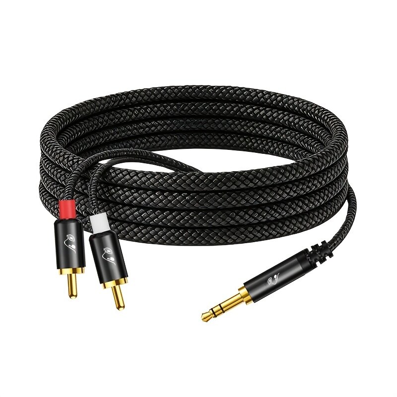 Аудиокабель 3.5 мм Jack - 2 RCA, Hi-Fi стерео переходник, Y-образный, красный и белый разъёмы RCA, нейлоновая оплётка, длина 2,4 м, для усилителей, колонок, DJ-контроллеров, проигрывателей, телевизоров, автомобилей и мобильных устройств