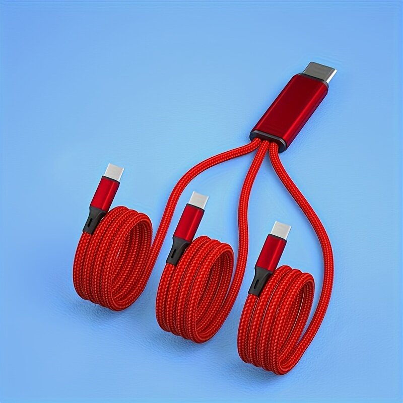 Кабель данных USB Type-C 3-в-1 с тремя разъемами Type-C, поддержка зарядки до 6 А, нейлоновая оплетка, красный