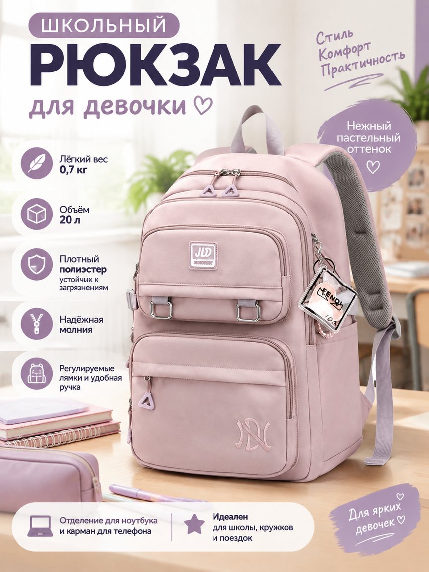 Школьный рюкзак для девочки нежно-сиреневый, 20 л, отделение для ноутбука и карман для телефона