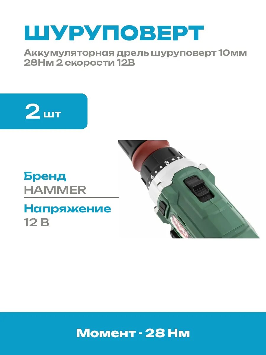 Аккумуляторный шуруповерт 12В 28Нм 2Ач 2 скорости дрель 10мм
