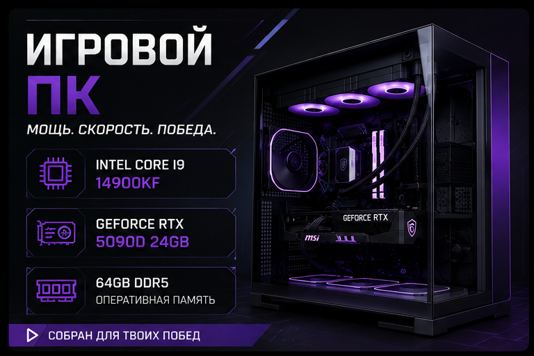 RTX 5090D 24ГБ игровой компьютер PREMIUM Core i9 14900KF/ Z790/ 24ядра/ Kingston 64GB DDR5/ 3TB m.2 SSD/ 1000W 80+ GOLD/ Win 11 PRO