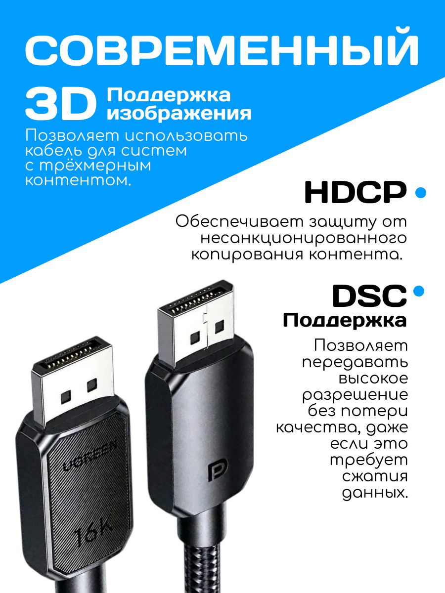 Видеокабель DisplayPort 2.1 Ugreen DP128 (85251), 16K, 2 метра