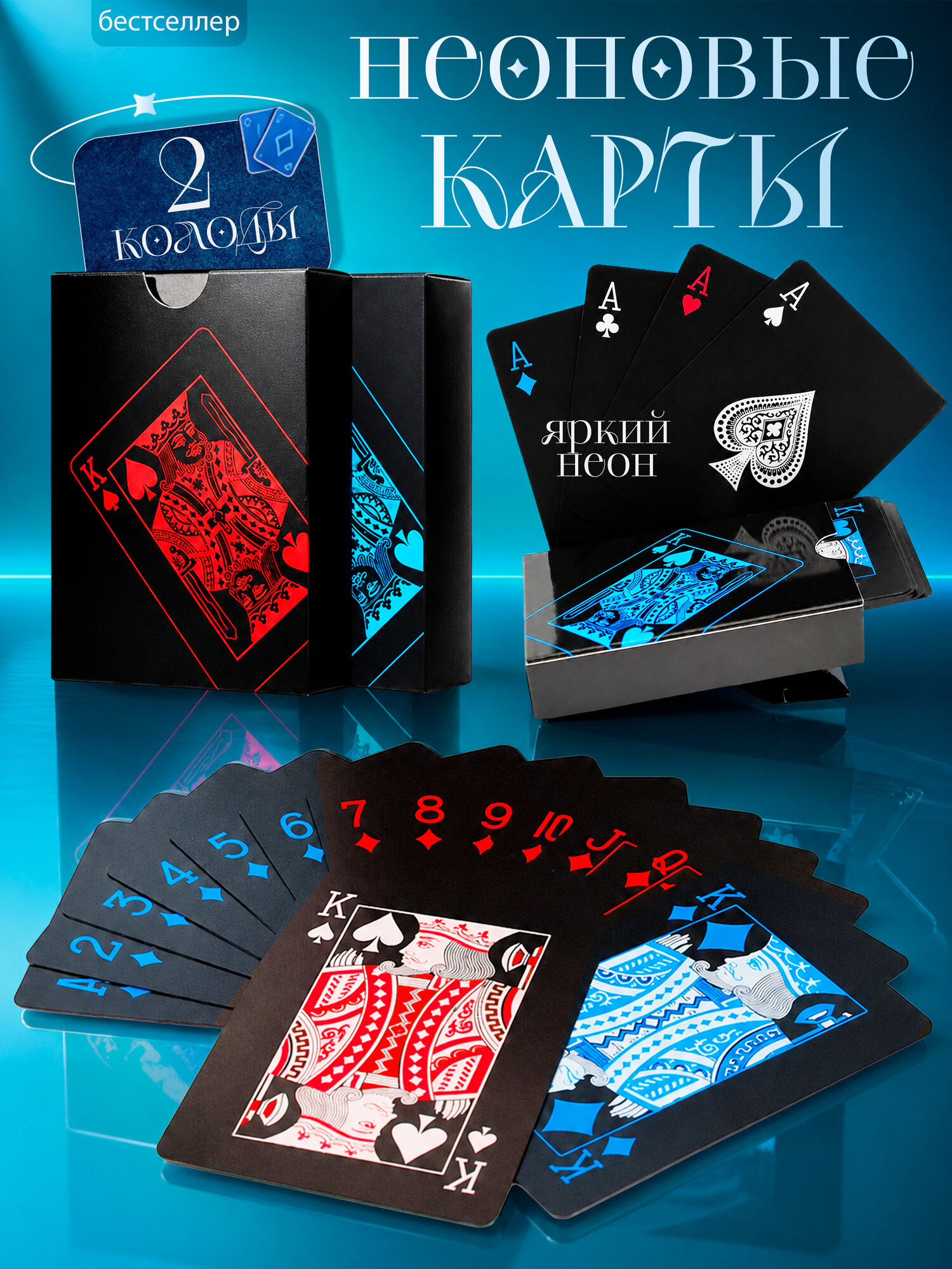 Карты игральные пластиковые для покера Неоновые 54 шт, набор из 2 колод