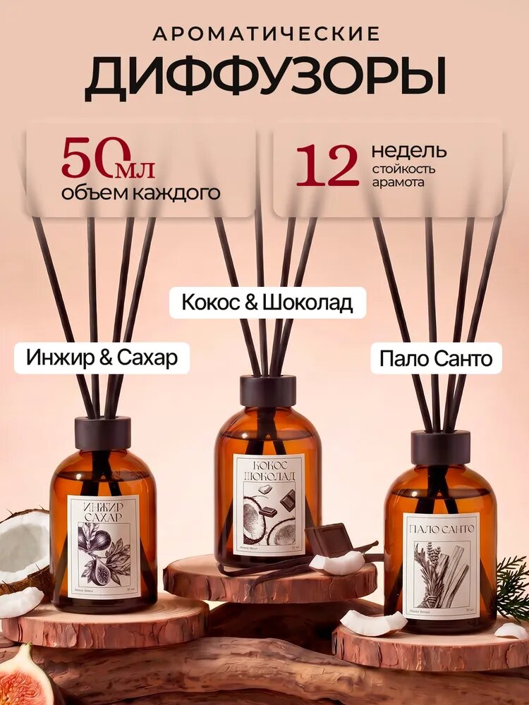 Диффузор для дома с палочками AROMA BLOOM 3шт. Инжир, Пало санто, Кокос
