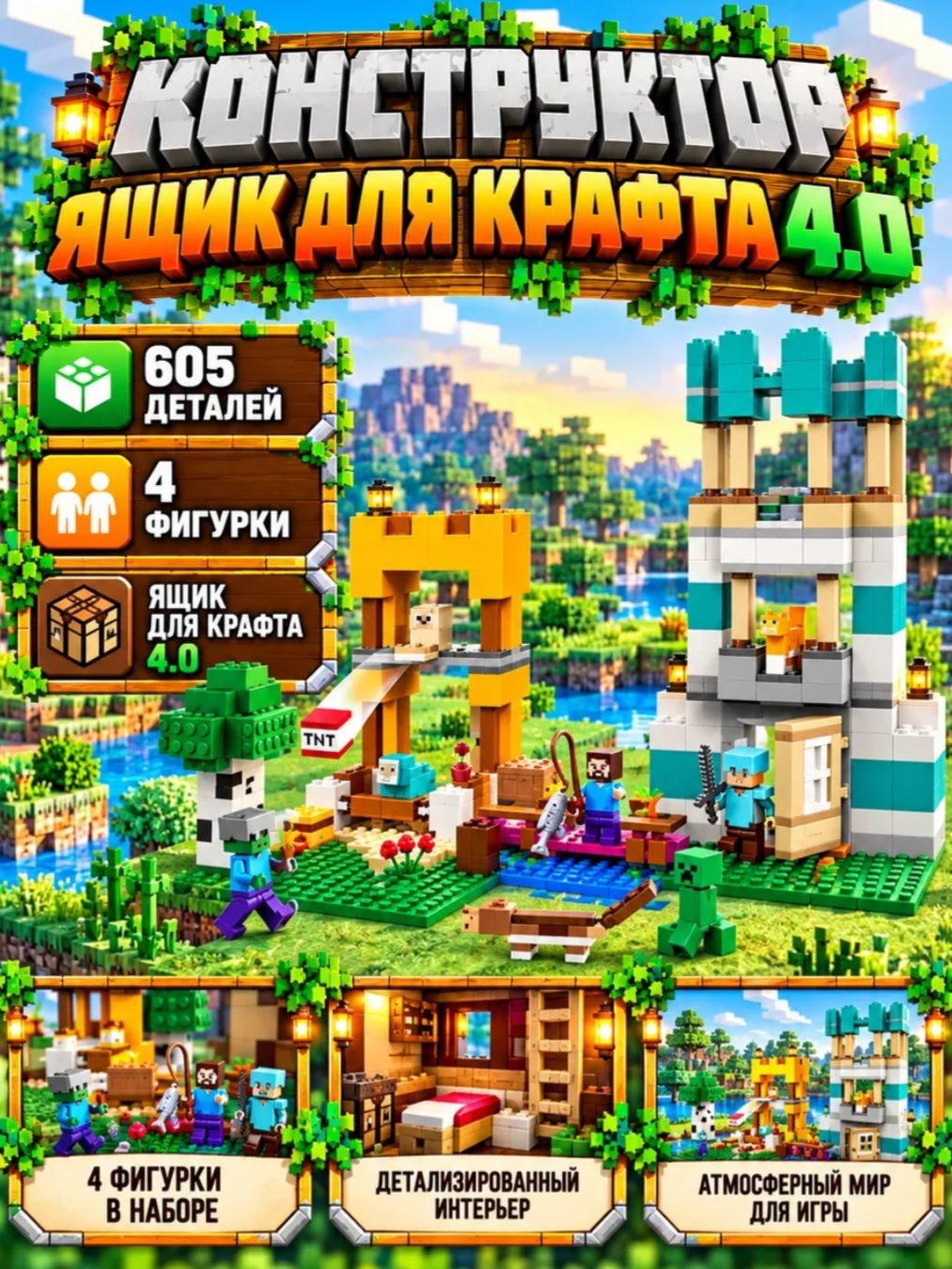 Конструктор Майнкрафт Ящик для крафта, 605 деталей