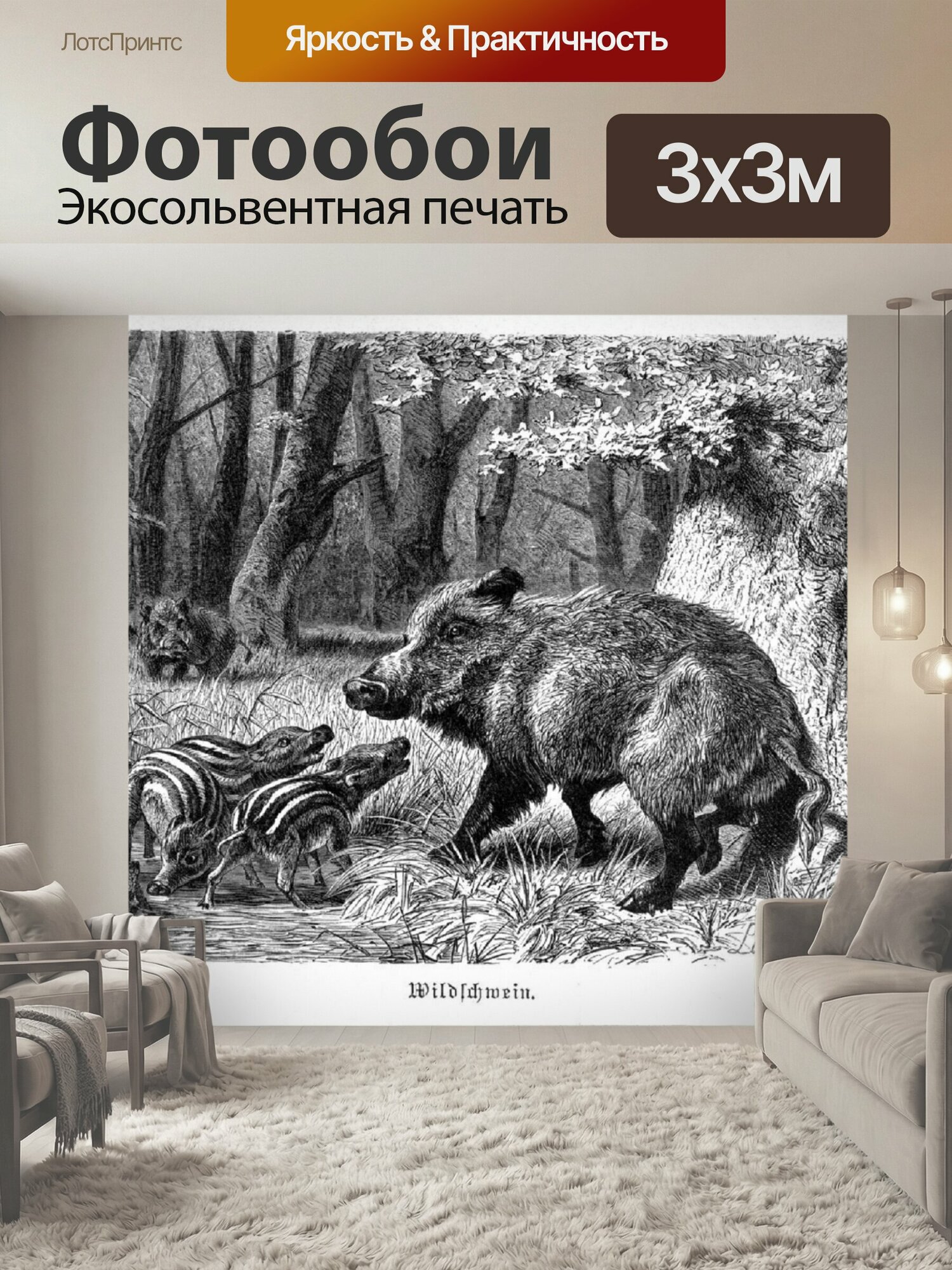 Фотообои "Дикий кабан Дикая свинья Дикие свиньи 18 Дикий кабан Дикая свинья Дикие свиньи 1891 год Sus Scrofa Public Domain свинья Sus Scofa." 300x300 см. экосольвентная печать