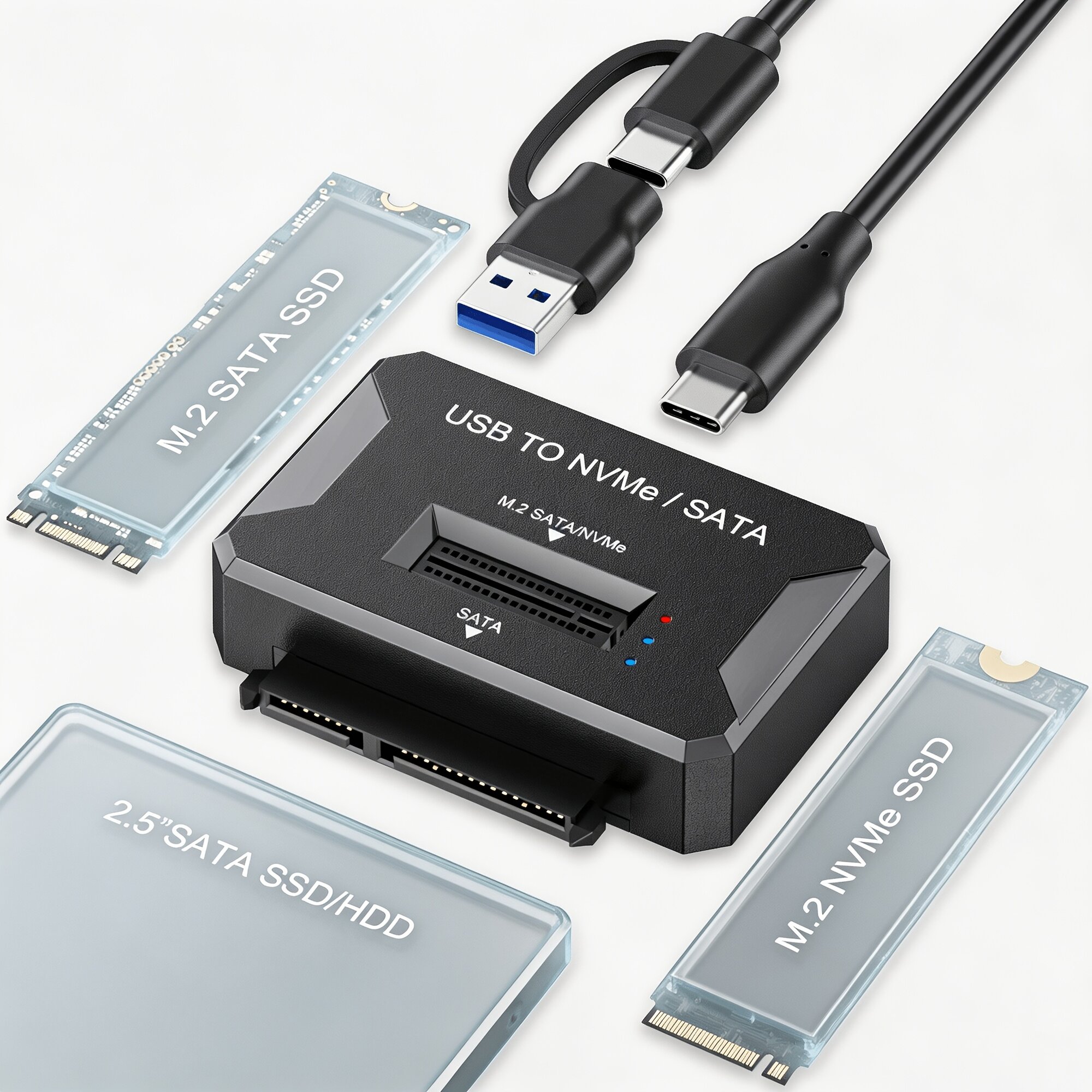 Внешний корпус-адаптер для M.2 NVMe и 2.5" SATA SSD/HDD с интерфейсом USB 3.2 Gen2 (10 Гбит/с), поддержка M Key и B Key, в комплекте один кабель