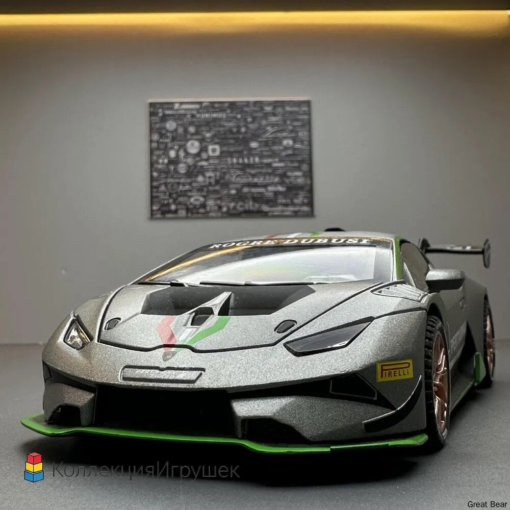 Металлическая модель Lamborghini Huracan GT3 EVO2 1:32, серебристо-зеленый гоночный спорткар, инерционная, свет и звук