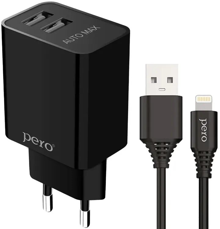 Сетевое зарядное устройство PERO TC02, 2xUSB-A, 8-pin Lightning, 10.5Вт, 2.1A, черный