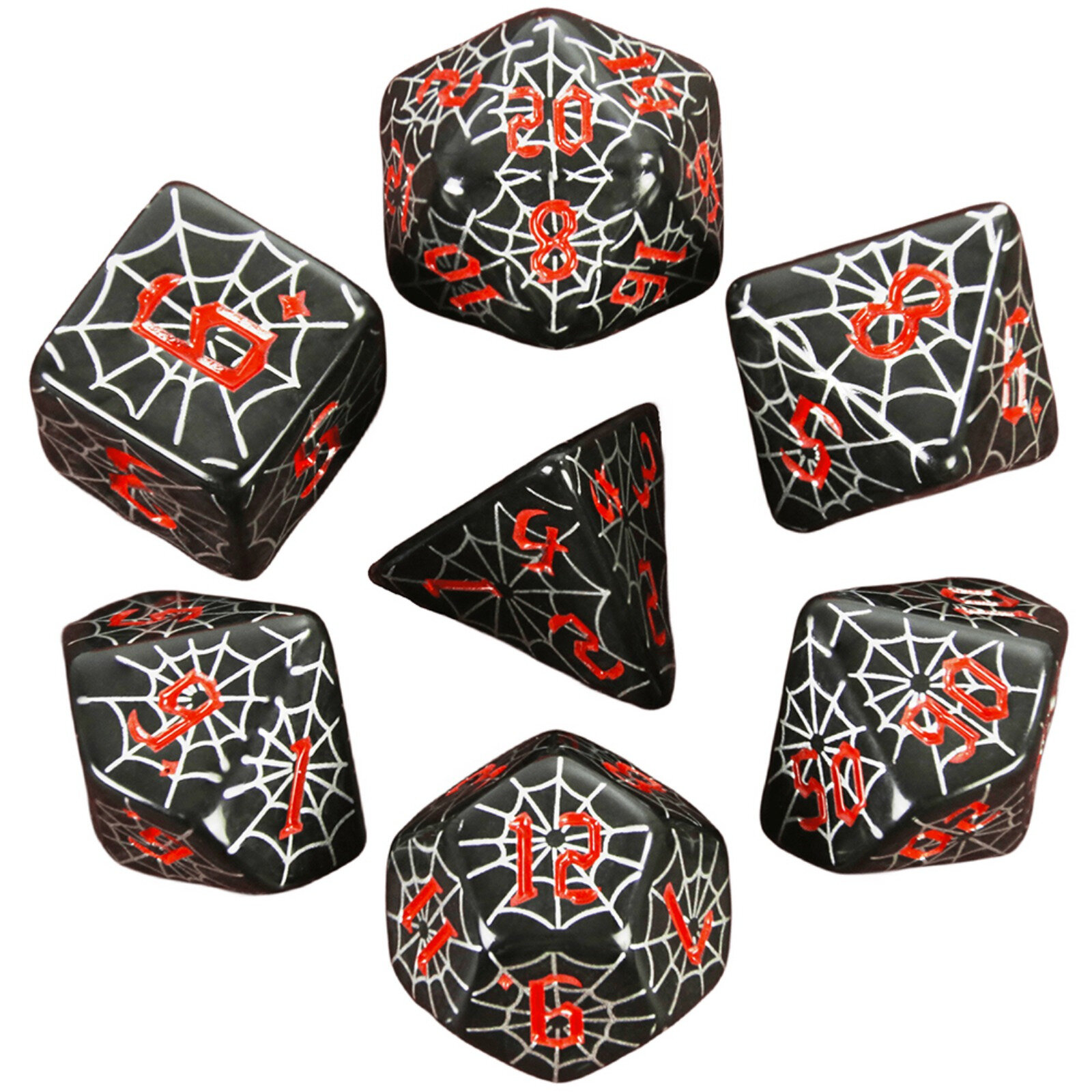 Набор полигональных кубиков с узором паутины, 7 шт (D4, D6, D8, D10, D%, D20), цвет черный+красный