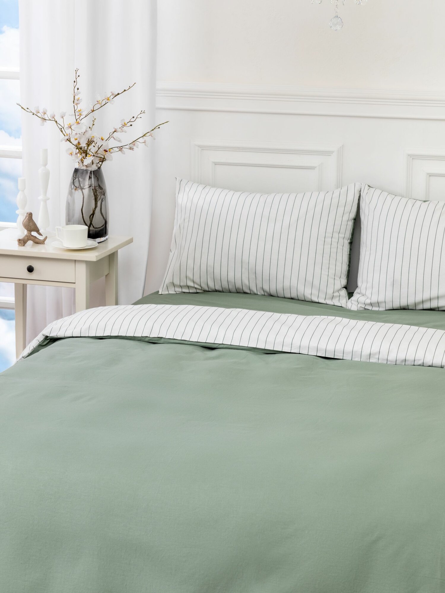 Cozy Home, Постельное белье евро перкаль, 2 нав. 50х70 с ушками, Однотонный/Only Color, Нефритовая полоска/Jade stripe