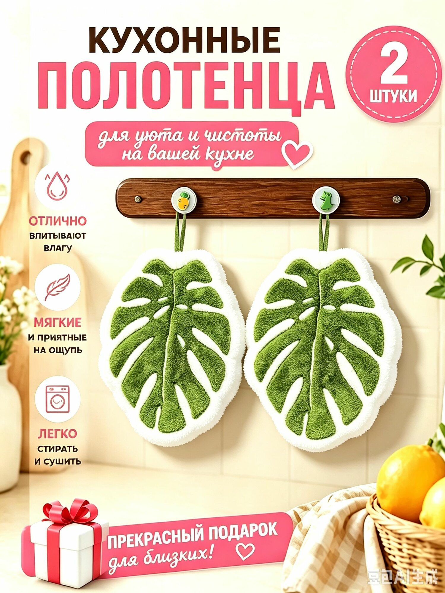 Полотенце кухонное 19x30 2 шт корал-флис зеленый, белый