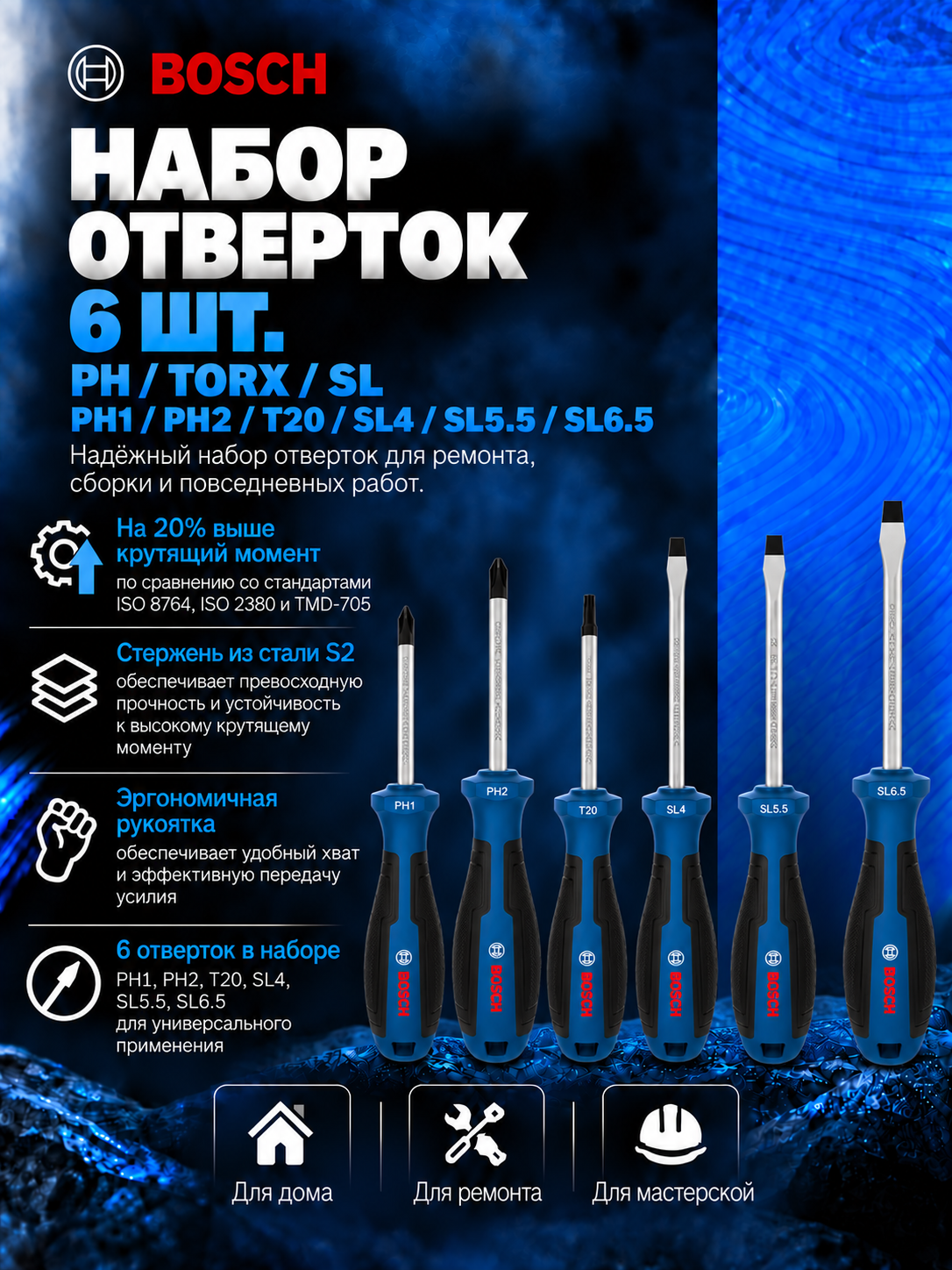 Набор отверток Bosch Professional 1600A039PJ для ремонта электроинструмента, 6 шт, Torx T20 + PH/SL