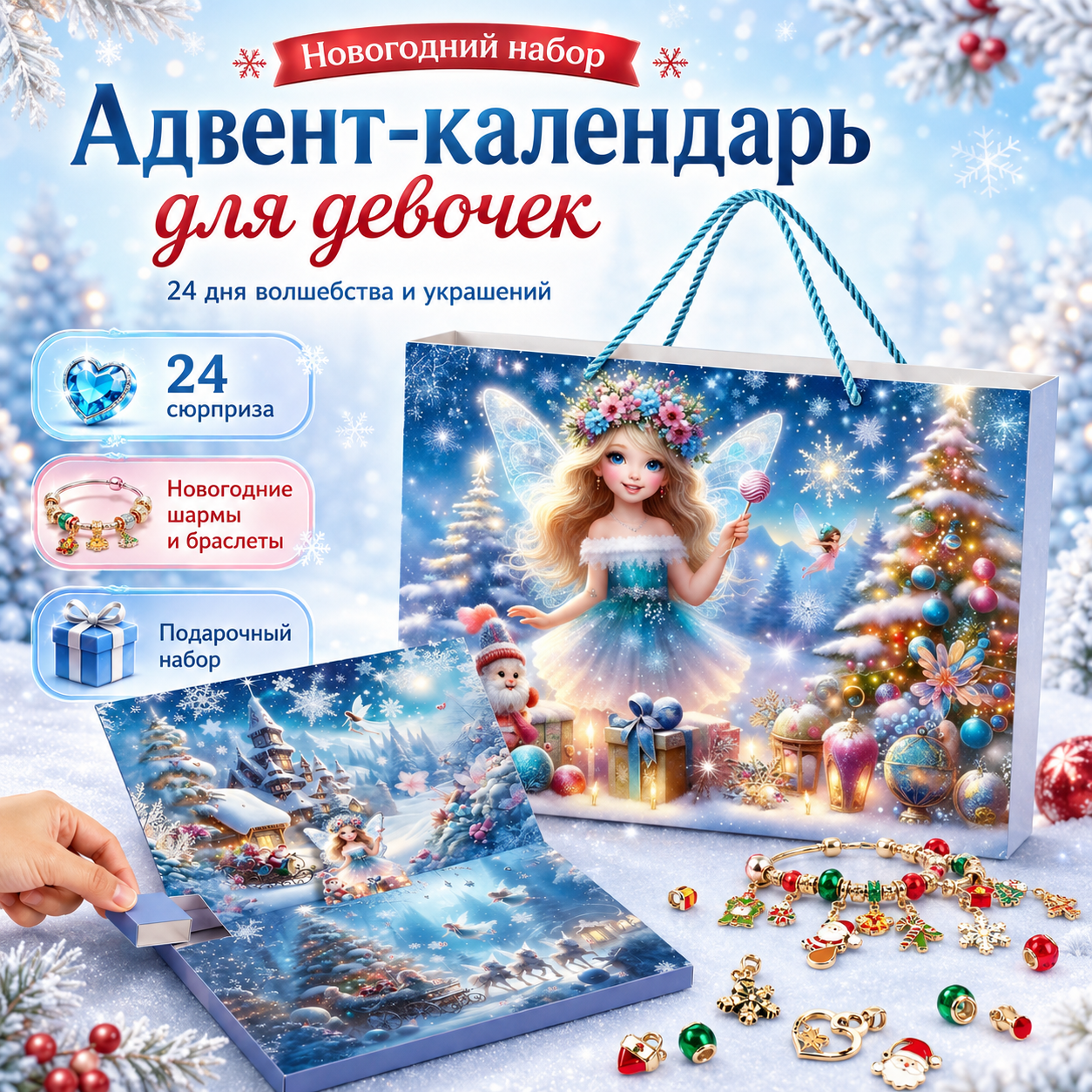Новогодний адвент календарь Маленькая фея с пакетом 24 окошка