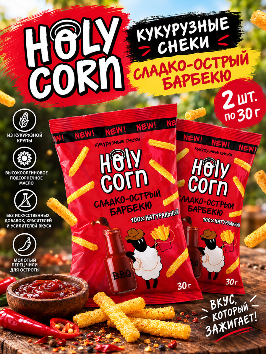 Срок до 24.11.2026. Кукурузные снеки Сладко-острый барбекю , Holy Corn, 2 шт по 30 гр