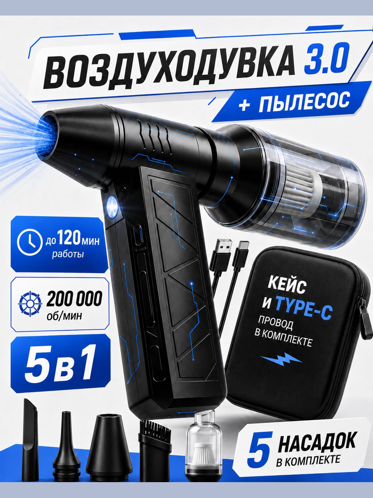 Воздуходувка аккумуляторная мощная для компьютера и авто, ветродуйка для ПК, турбовентилятор