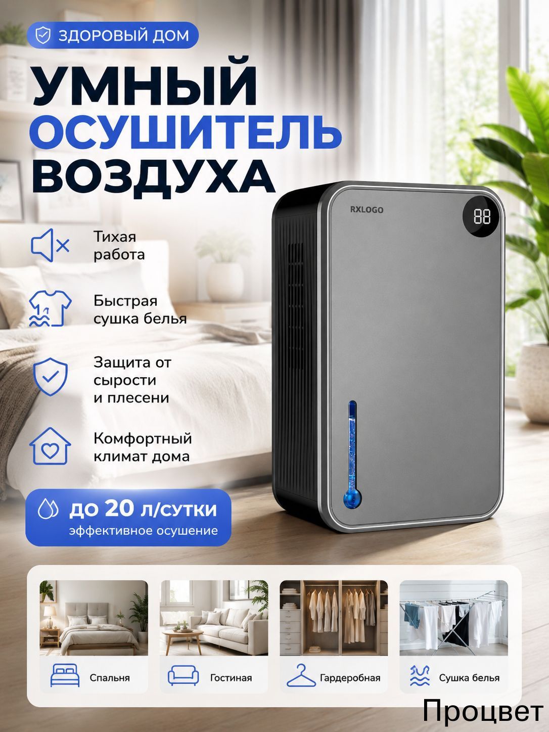 Осушитель воздуха RX02-A Этот осушитель воздуха для квартиры быстро убирает излишки влаги