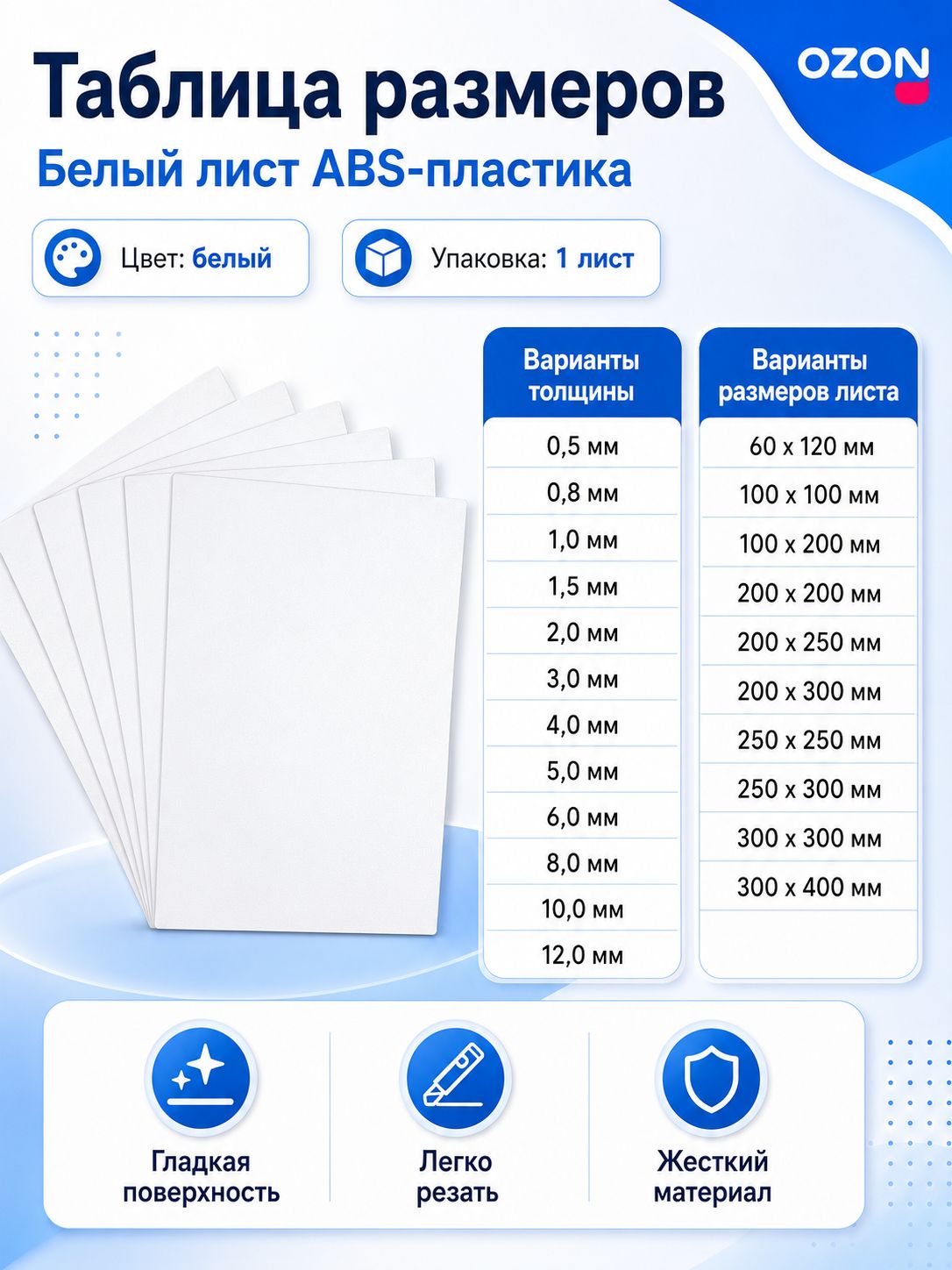 Белый лист ABS-пластика 3x200x250 мм, пластина для моделирования и DIY