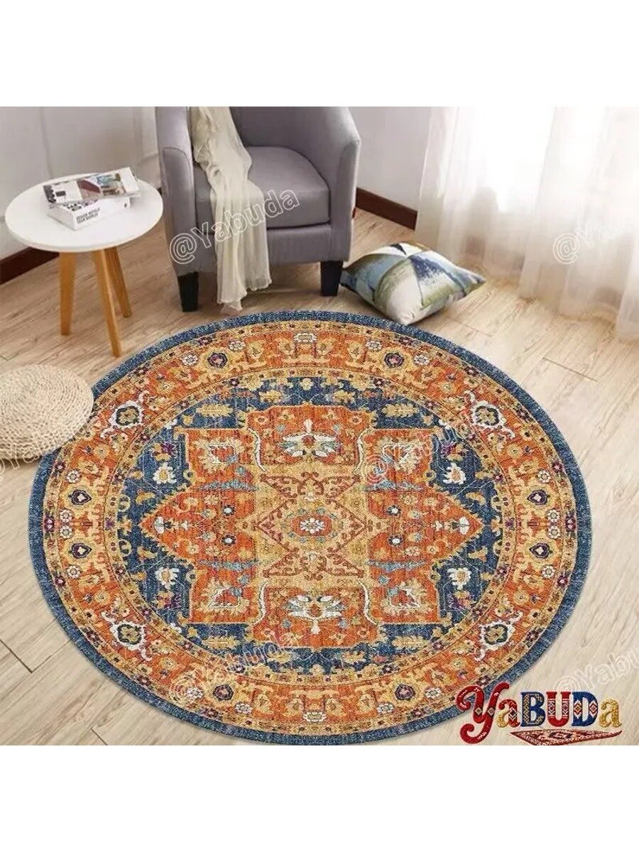 Круглый ковер 150x150 см, полиэстер FR, геометрический принт, стиль ар-деко
